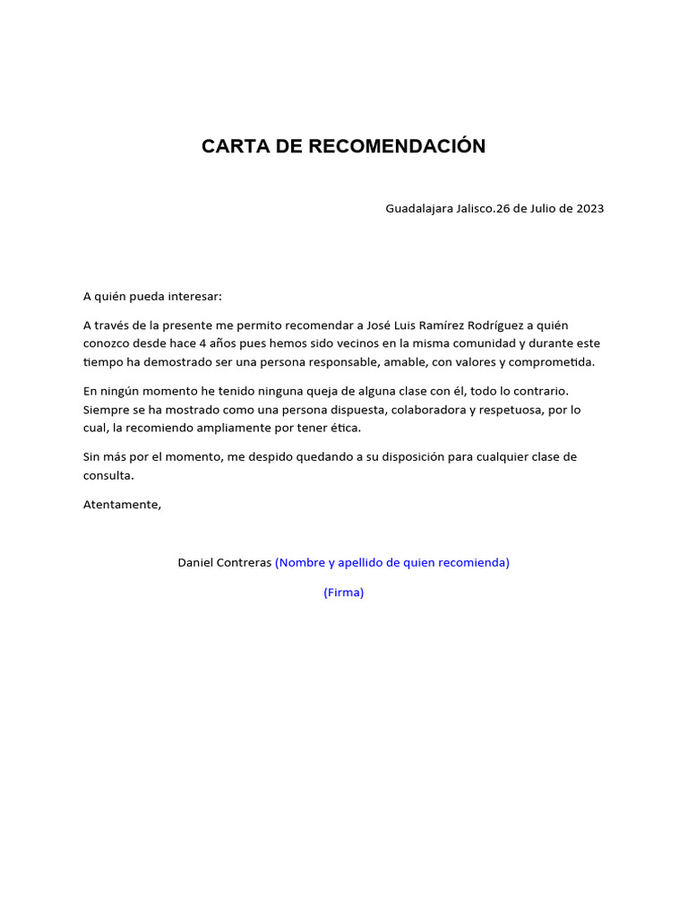 Carta De Recomendacion Personal Pdf