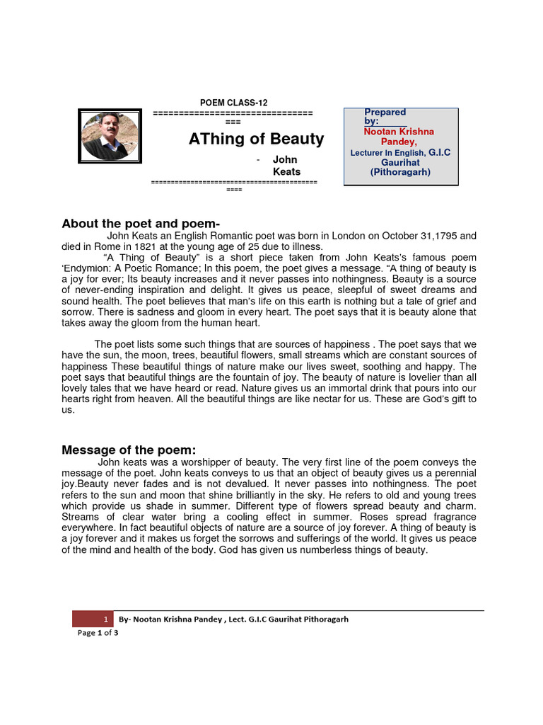 John Keats' "A Thing of Beauty" Analysis | PDF | John Keats
