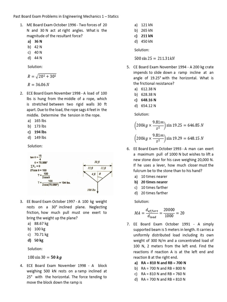 Past Board Exam Problems in Statics | PDF | Lever | Force Past Board Exam Problems in Statics | PDF | Lever | Force