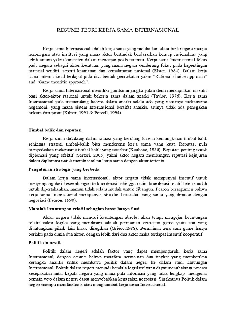 RESUME TEORI KERJA SAMA INTERNASIONAL - Lion Beay | PDF