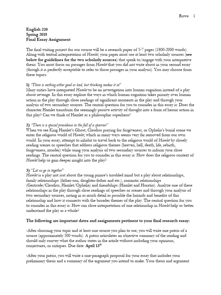 Hamlet Spring 2015 Final Essay Assignment | PDF | Hamlet | Essays