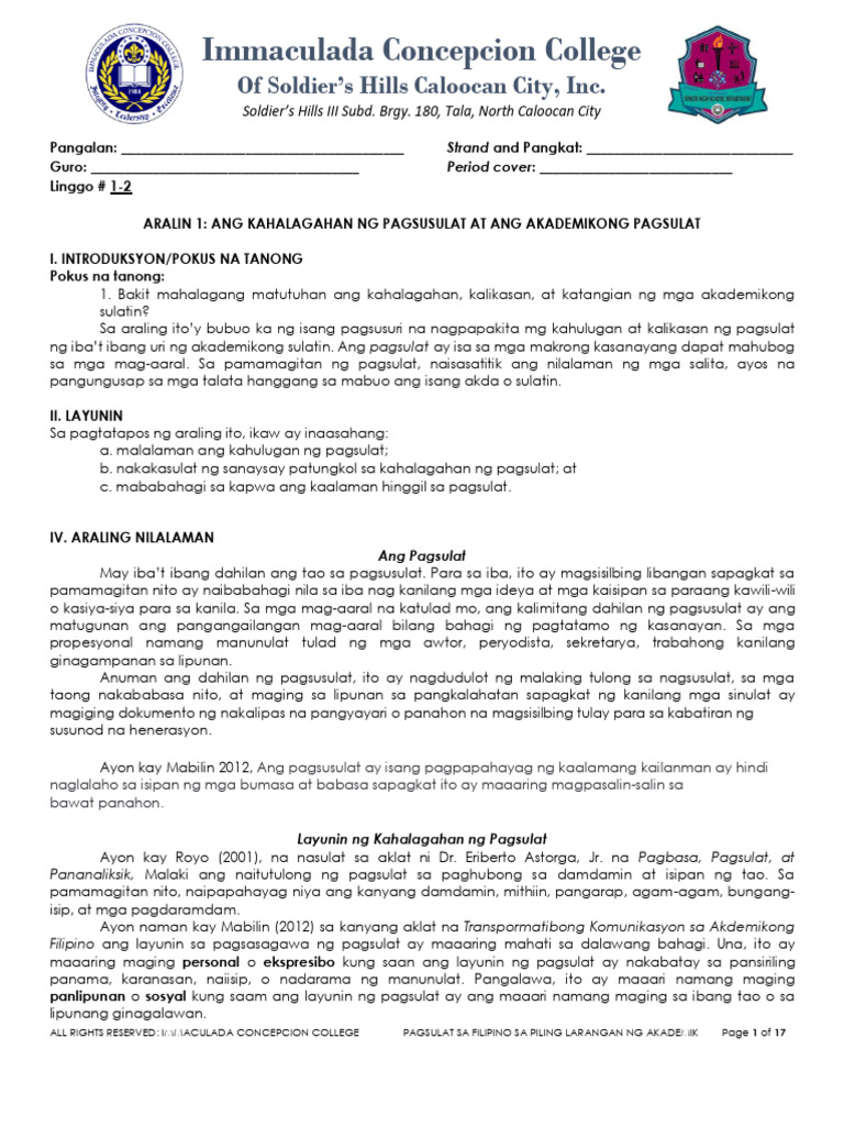 Module Pagsulat Sa Filipino Sa Piling Larangan Ng Akademik Pdf