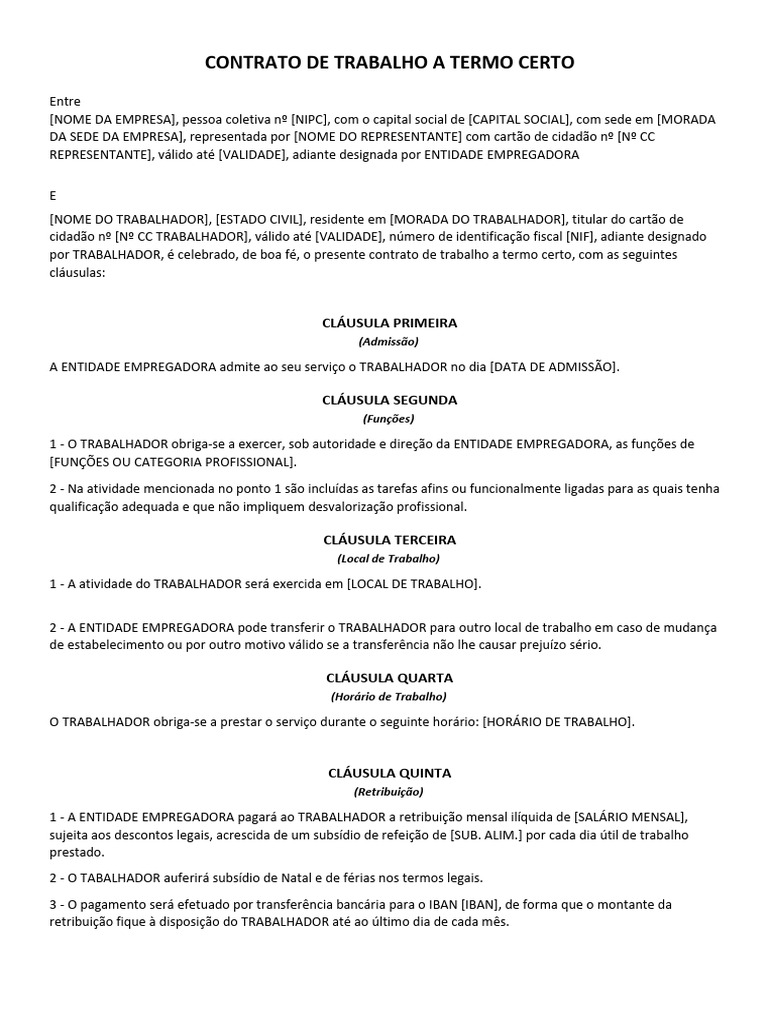 Minuta-de-Contrato-de-Trabalho-a-Termo-Certo-Portal-Ciberforma | PDF | Férias trabalhistas ...