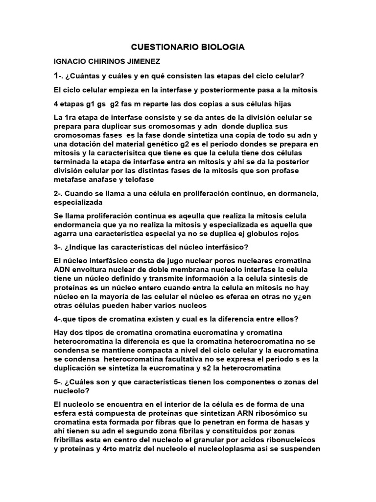 CUESTIONARIO BIOLOGIA | PDF | Mitosis | Cromosoma