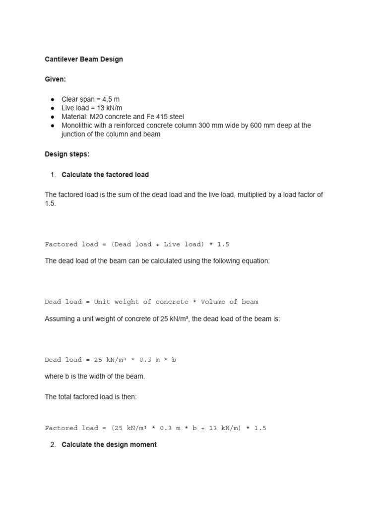 Cantilever Beam Design Given | PDF | Beam (Structure) | Bending