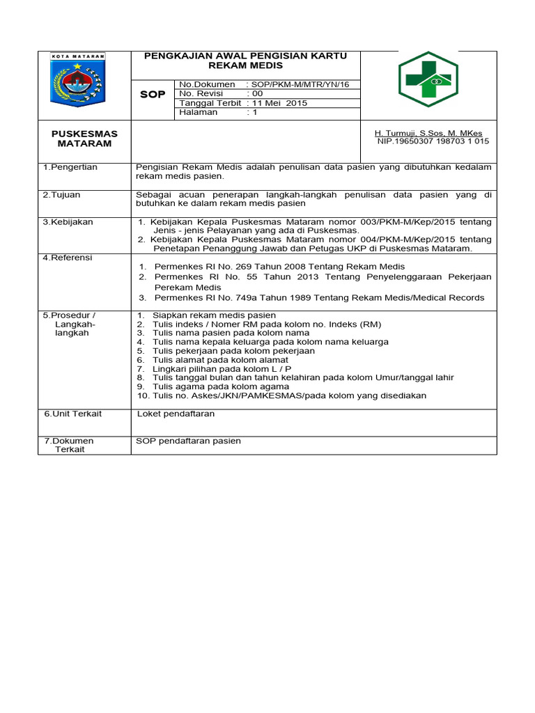 Sop Pengkajian Awal Pengisian Rekam Medis | PDF