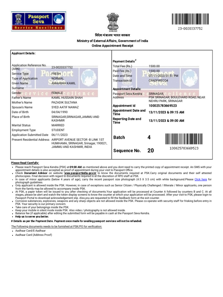 Passport Appointment Receipt | PDF | Identity Document | Birth Certificate