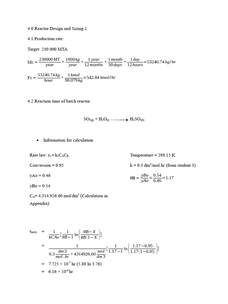 Reactor Design and Sizing 1 (Student 4) | PDF | Chemical Reactor | Mole ... Reactor Design and Sizing 1 (Student 4) | PDF | Chemical Reactor | Mole ...