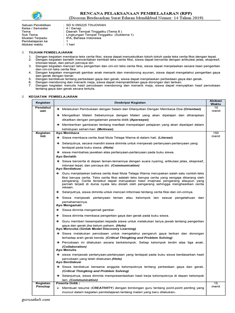 RPP 1 Lembar Kelas 4 Tema 8 | PDF