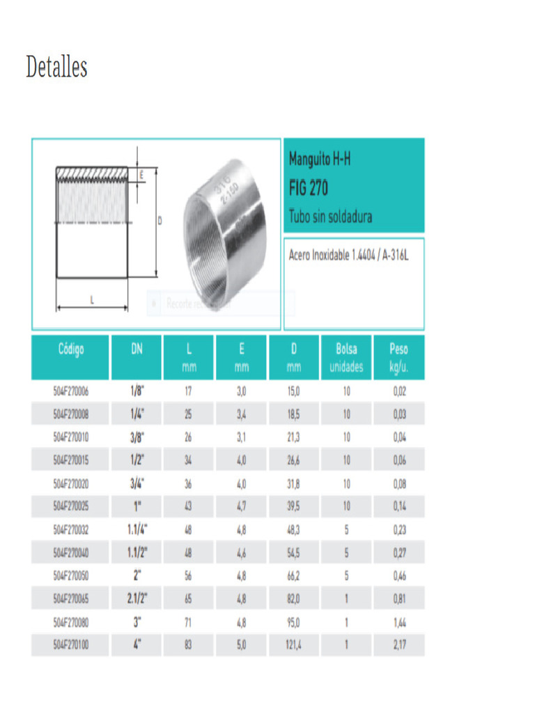 Manguito H-H 316SS 1pulg BSP Fig270 | PDF