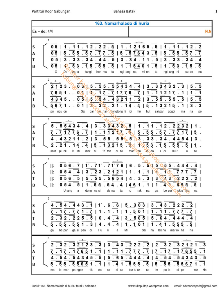 Namarhalado Di Huria: Partitur Koor Gabungan Bahasa Batak 1 | PDF