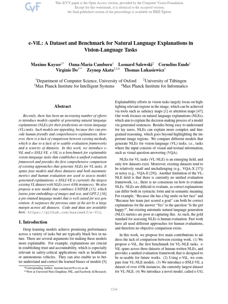 Kayser E-ViL A Dataset and Benchmark For Natural Language Explanations in ICCV 2021 Paper | PDF ...