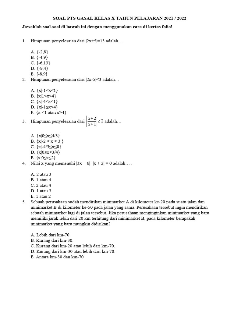 Soal PTS Gasal Kelas X Tahun Pelajaran 2021 | PDF