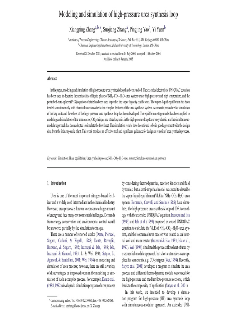 510 - 2005 Zhang IPE CAS Modeling and Simulation of High Pressure Urea Synthesis Loop | PDF ...