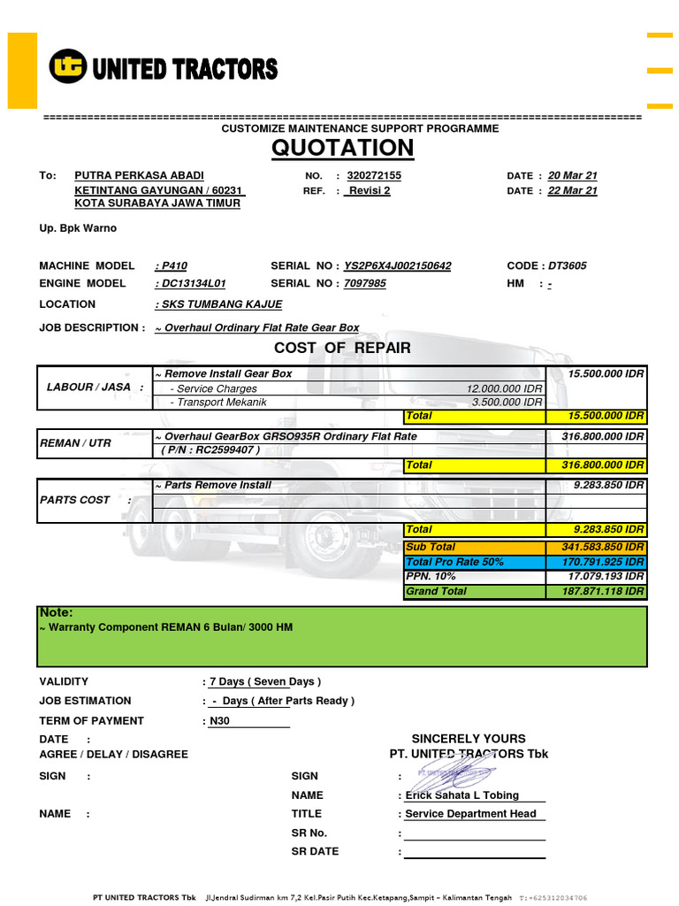 Quotation Overhaul Ordinary Reman Gearbox P410 Pro Rate 50% | PDF ...