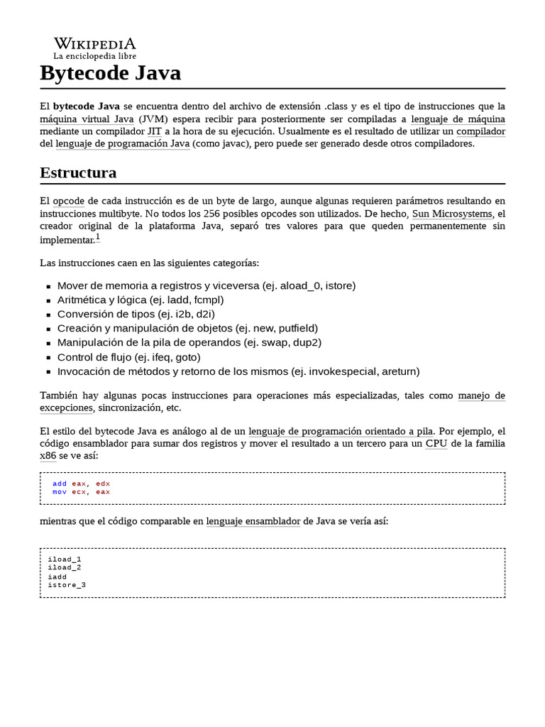 Bytecode Java | PDF | Java (lenguaje de programación) | Ingeniería Informática