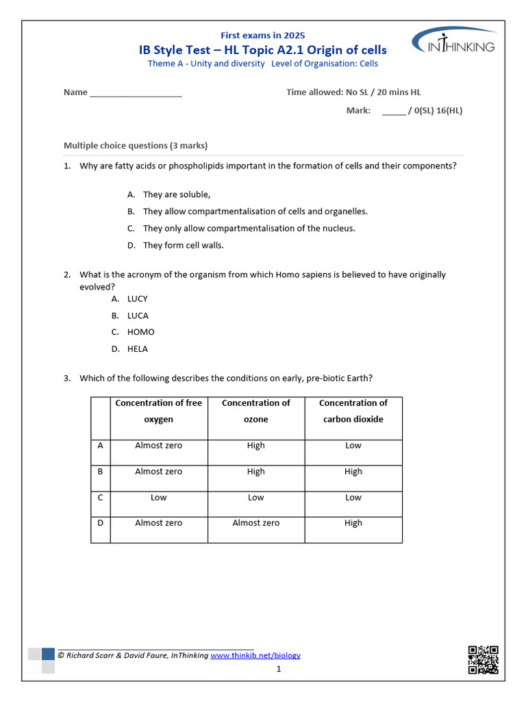 IB Biology HL A2.1 Origin of Cells Test | PDF | Cell (Biology) | Life
