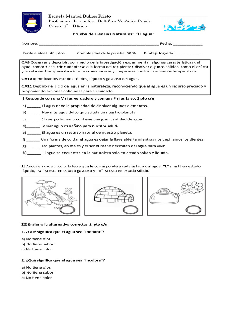 Prueba de Ciencias AGUA | PDF | Agua | Evaporación