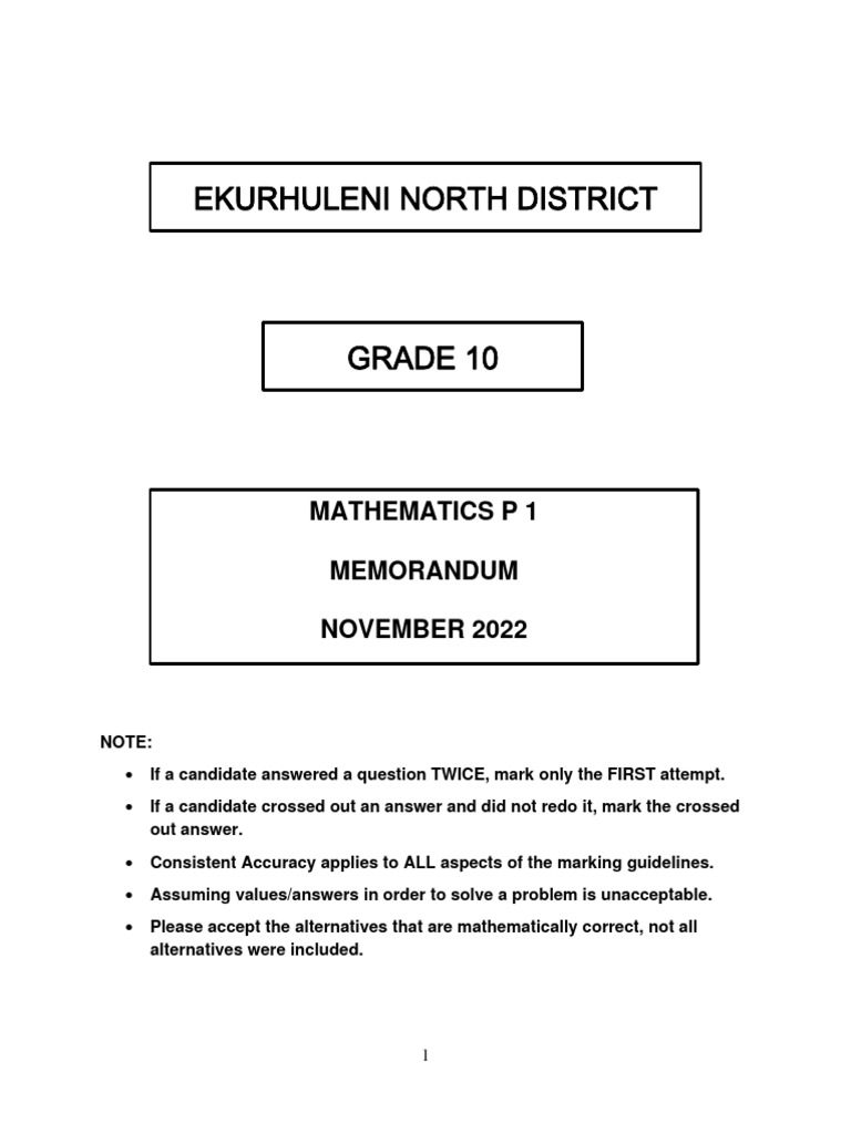 Mathematics Grade 10 Paper 1 November Exam 2022 Memo | PDF ...