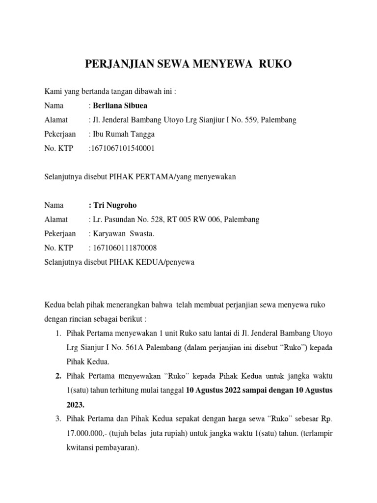 Perjanjian Sewa Menyewa Ruko B Utoyo 561a | PDF