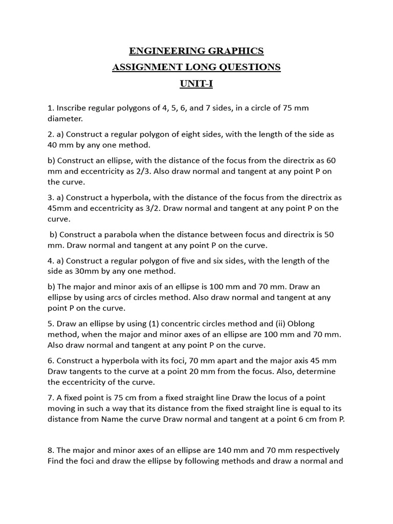 Engineering Graphics Assignment Long Questions Unit-I | Download Free PDF | Ellipse | Geometric ...