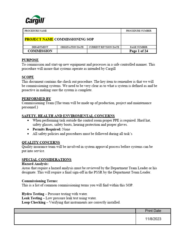 Commissioning Program SOP Template | PDF | Valve | Pipe (Fluid Conveyance)