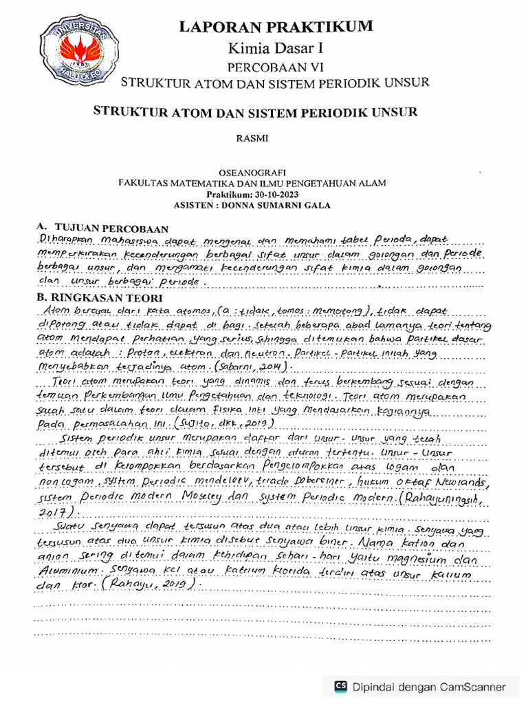 Rasmi (Laporan Kimia Dasar Struktur Atom Dan Sistem Periodik Unsur) | PDF