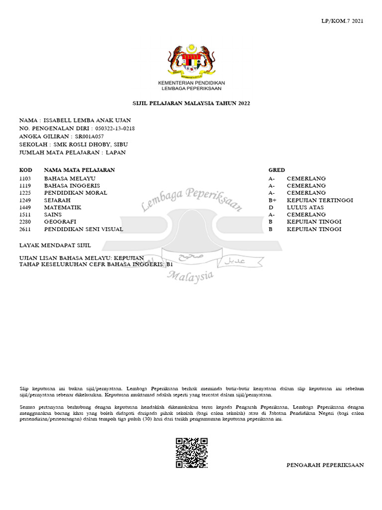 Sekolah - Slip Keputusan SPM 2022-Issabell | PDF