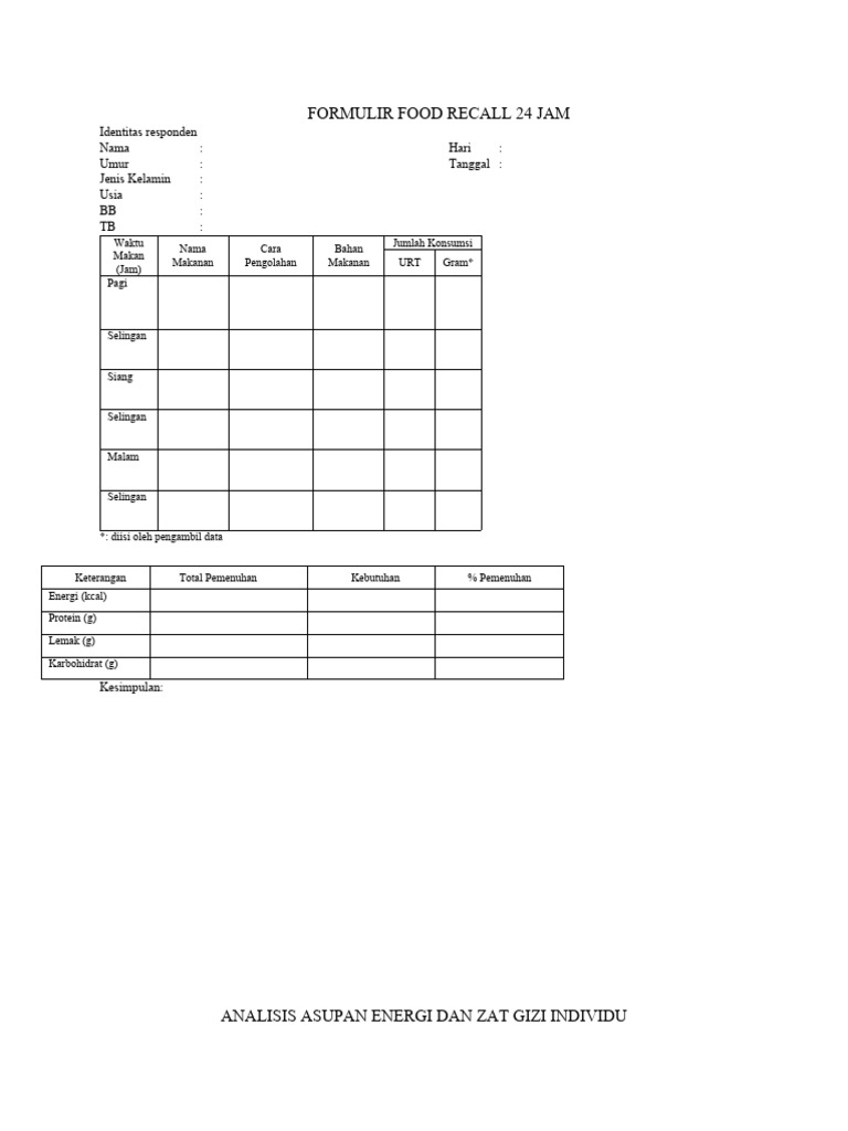 Formulir Food Recall 24 Jam | PDF