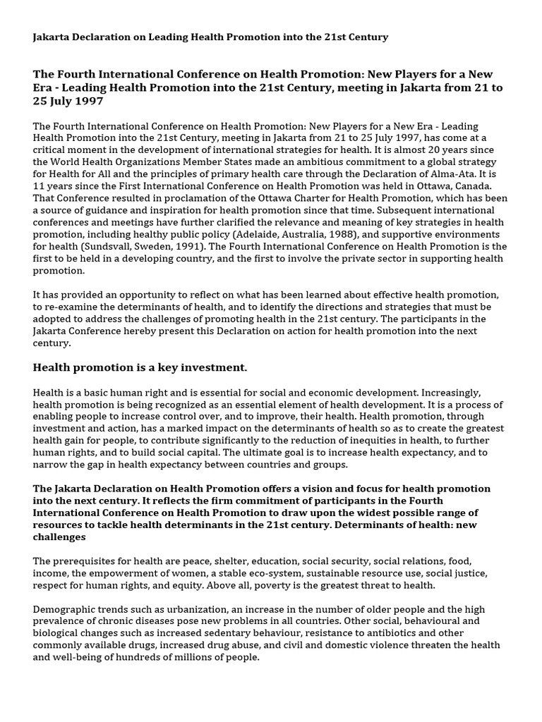 Jakarta Declaration On Leading Health Promotion Into The 21st Century ...