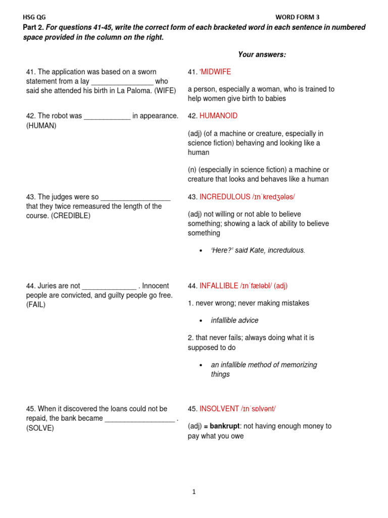 Word Form 3 - KEY - Part 1 | PDF