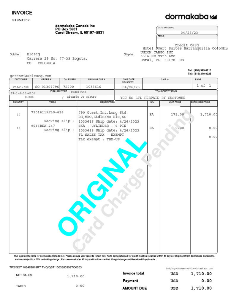 Invoice Dormakaba | PDF | Receipt | Cargo