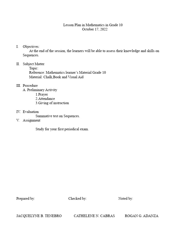 Grade 10 Mathematics Lesson Plan | PDF