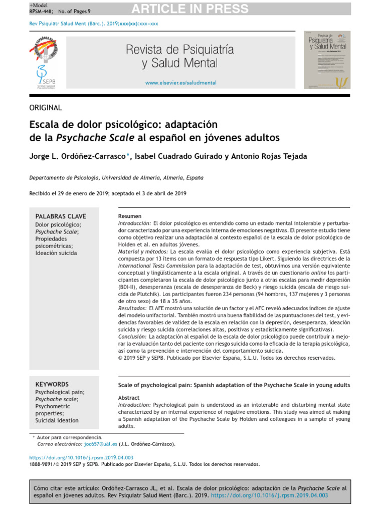 Adaptación de la Psychache Scale en español | PDF | Suicidio | Validez ...