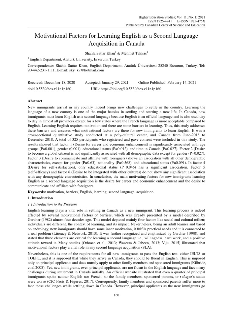Motivational Factors For Learning English As A Second Language Acquisition in Canada | PDF ...