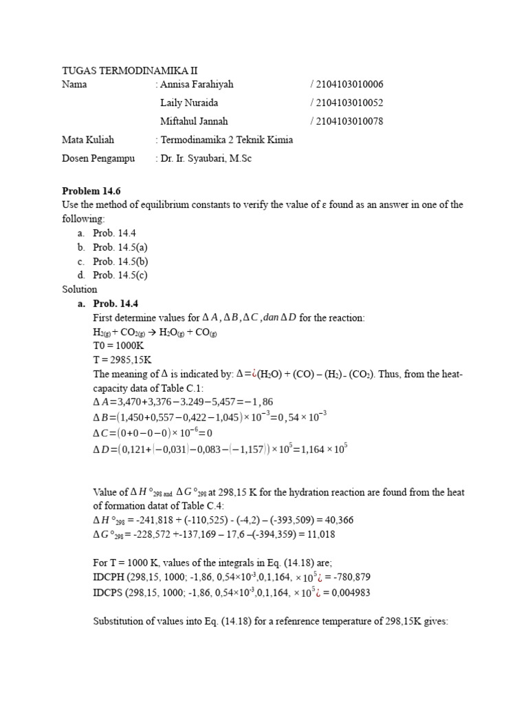 Tugas Termodinamika II Prob. 14.6 | PDF | Physics | Metrology