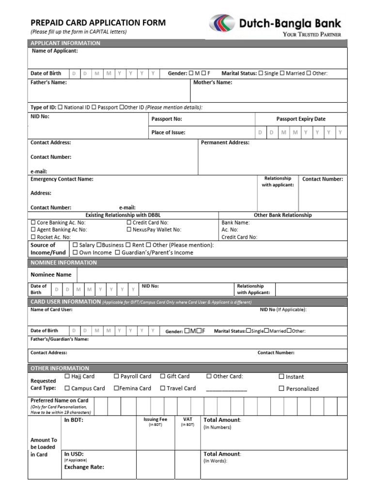 DBBL Prepaid Card Application Form | PDF | Debit Card | Visa Inc.