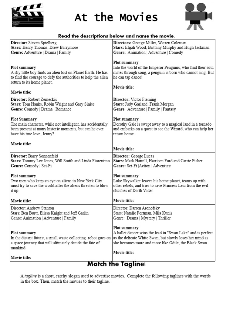 Movies Worksheet Reading Comprehension Exercises Writing Creative W ...