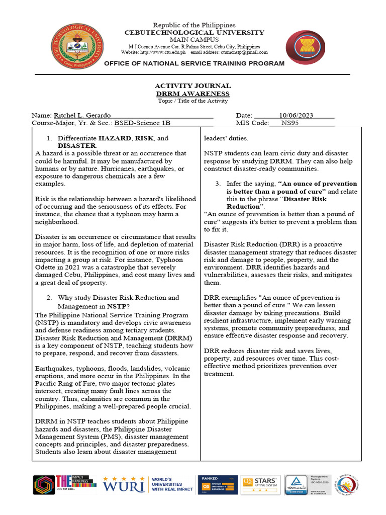 DRRM Awareness Activity Journal | PDF | Emergency Management | Hazards