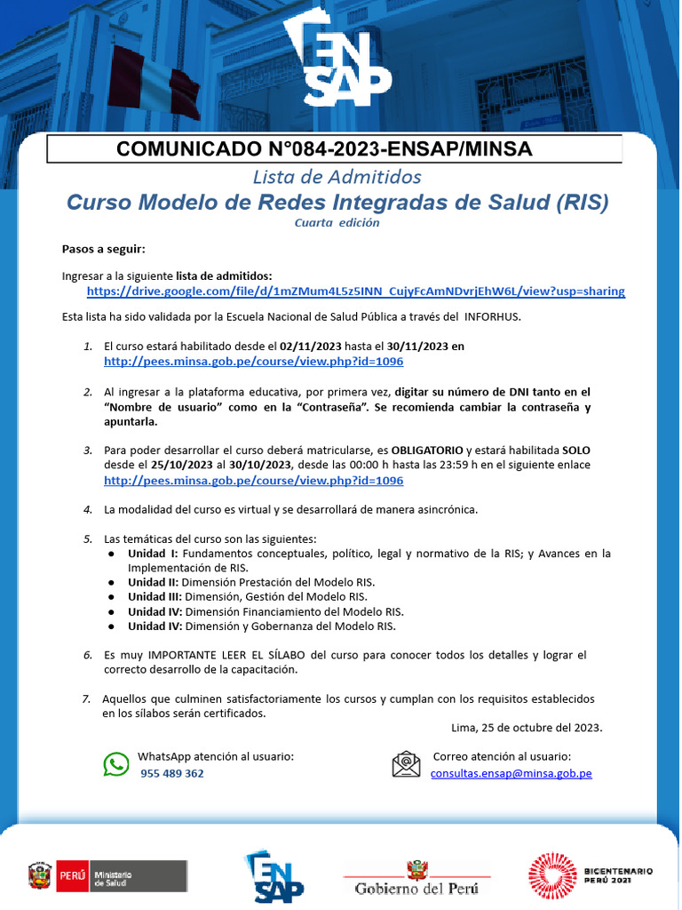 Lista de Admitidos Al Curso Modelo de Redes Integradas de Salud Ris Cuarta Edicion | PDF