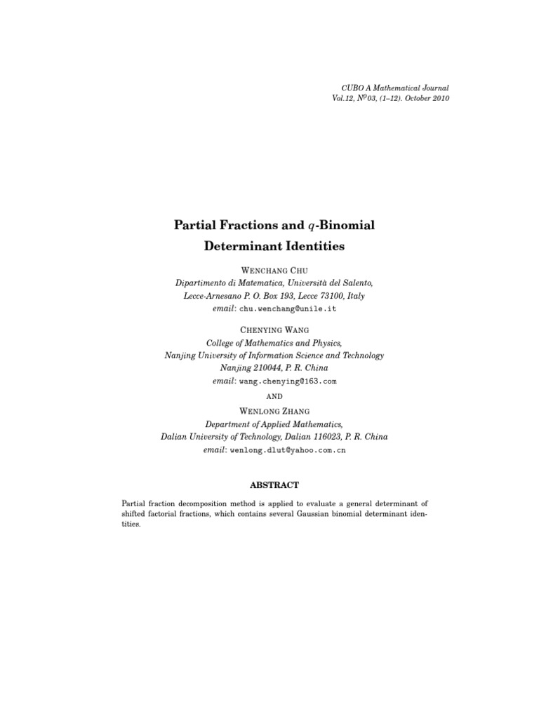 Chu Fractions and Q-Binomial Determinat Identiies | PDF | Determinant | Mathematical Analysis