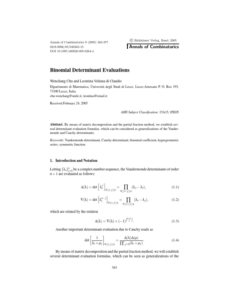 Chu2005 Binomial Determinants | PDF | Determinant | Matrix (Mathematics)