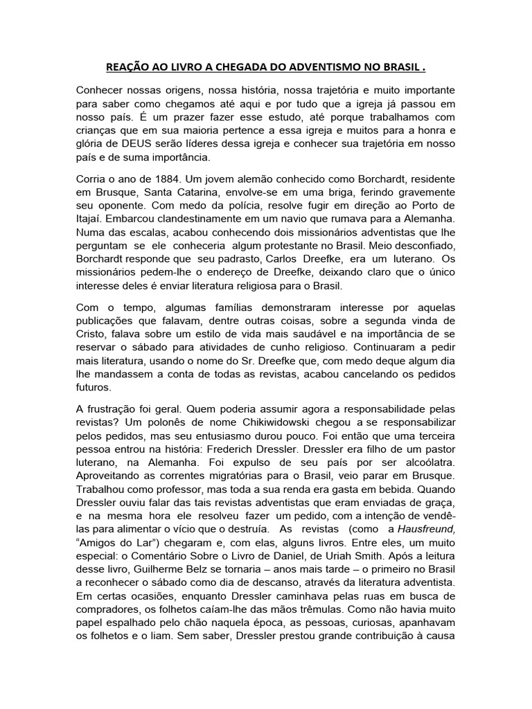 A Chegada do Adventismo no Brasil | PDF | Igreja Adventista do Sétimo ...