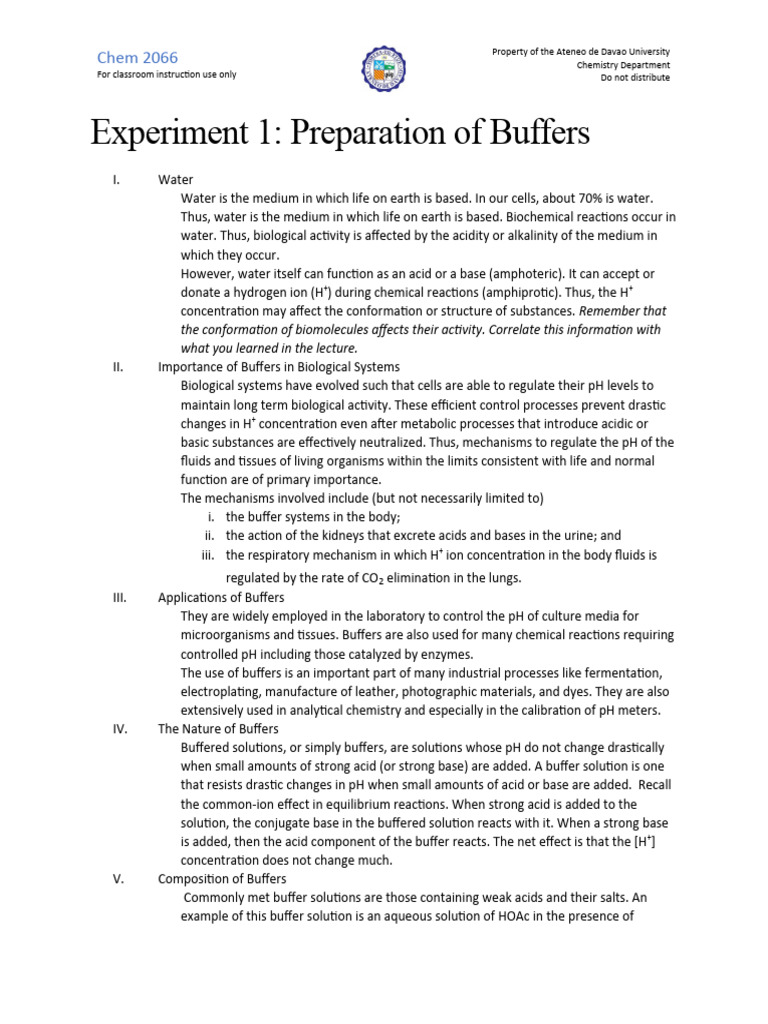 Chem 2066 Biochemistry Experiment 1 Preparation of Buffers 2020-07007! | PDF | Buffer Solution | Ph