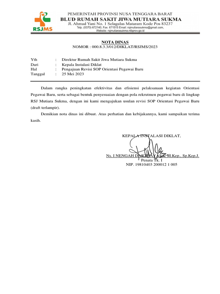 Revisi SOP Orientasi Pegawai Baru RSJMS | PDF