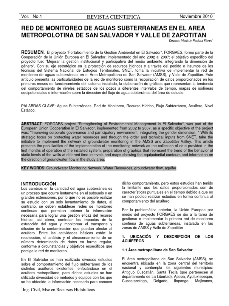 Subterraneas en Red de Monitoreo de Aguas El Area Metropololita de San Salvador y Valle de ...