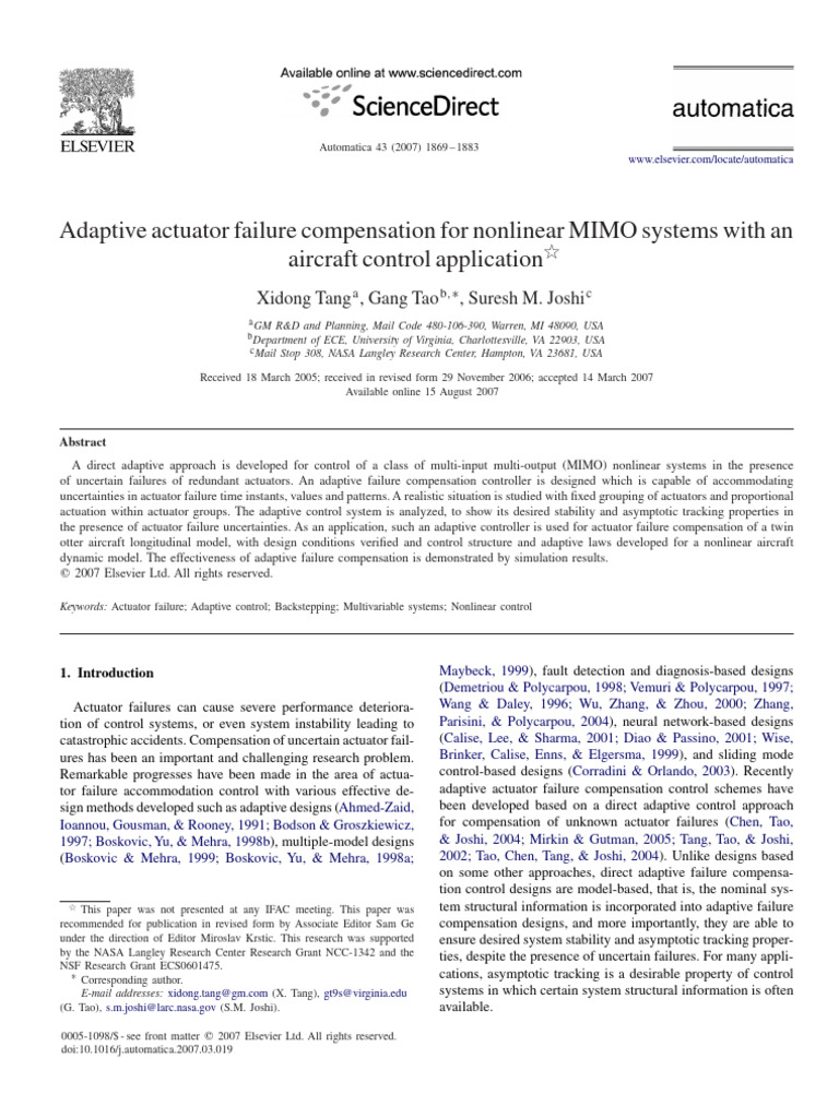 Adaptive Actuator Failure Compensation For Nonlinear MIMO Systems With An Aircraft Control ...
