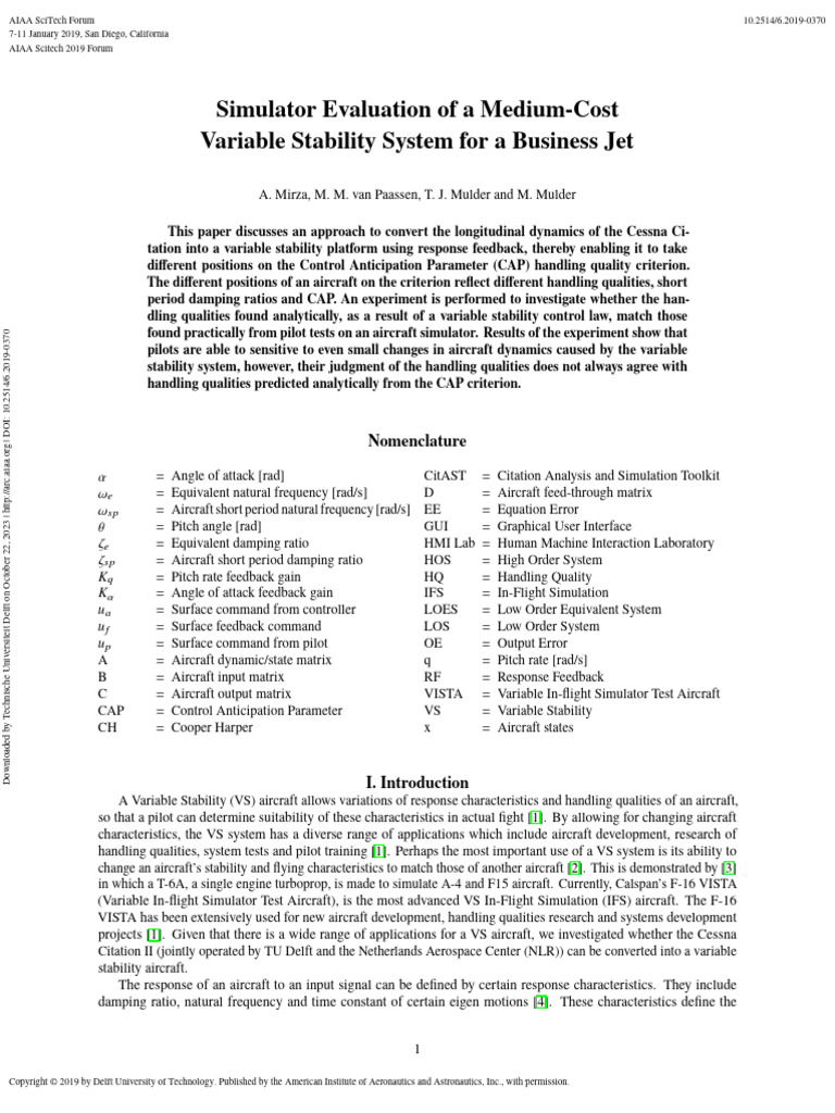 Mirza Et Al 2019 Simulator Evaluation of A Medium Cost Variable Stability System For A Business ...
