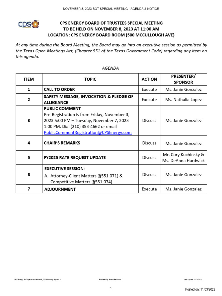 CPS Energy BoT Special November 8 2023 Meeting Material | PDF ...