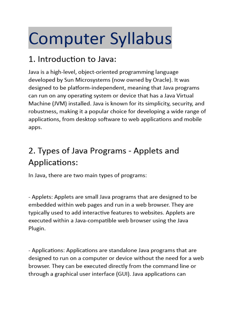 Computer Syllabus | PDF | Java (Programming Language) | Control Flow